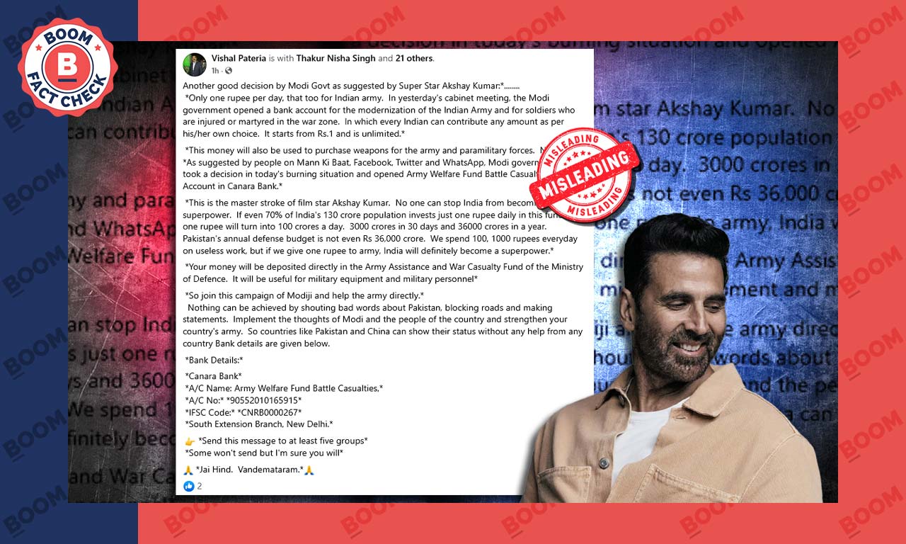 Claim About Akshay Kumar Promoting Army Welfare Battle Casualty Fund Is ...